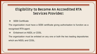 Registrar and Transfer Agent Services from SAG-RTA India | PDF