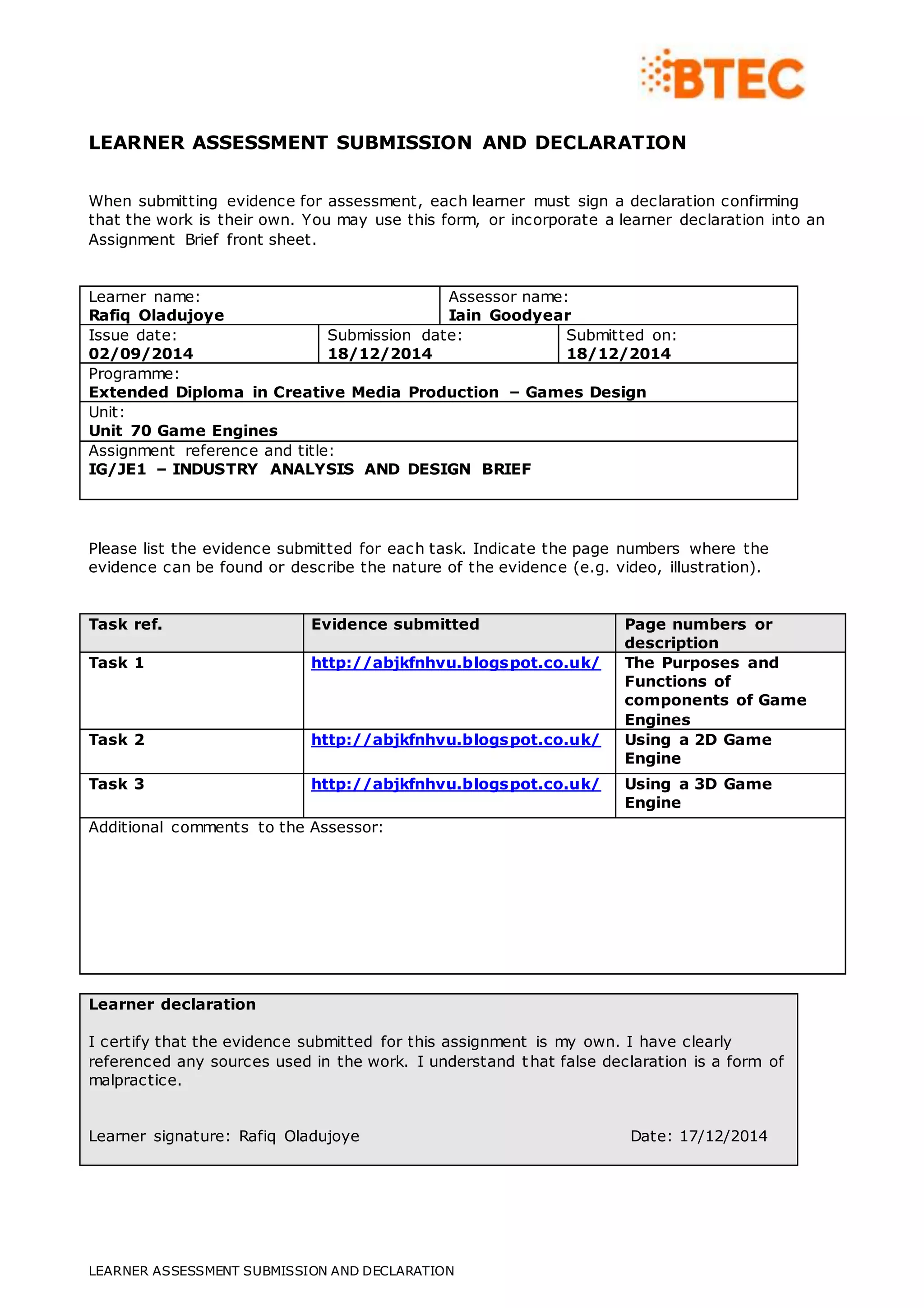 Learner assessment submission declaration | PDF