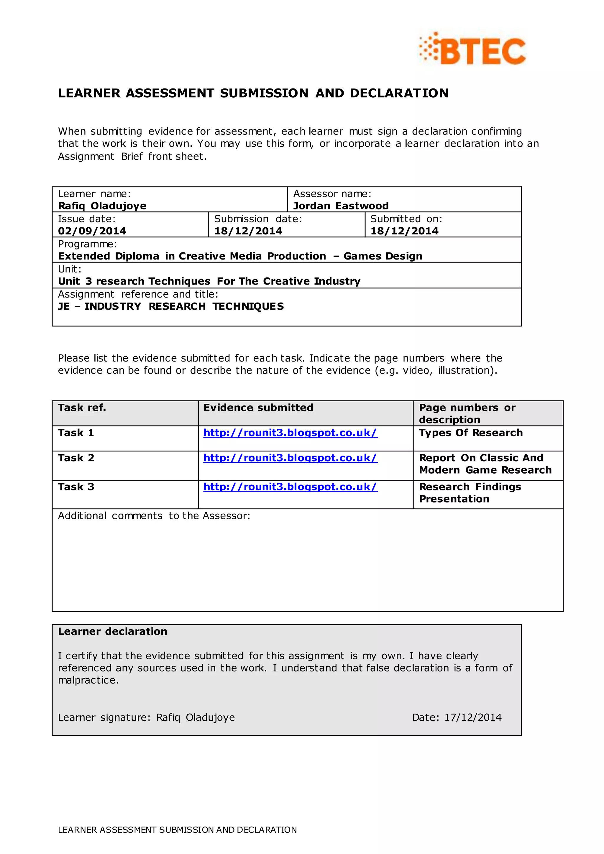 Learner assessment submission declaration | DOCX | Educational Assessment | Education