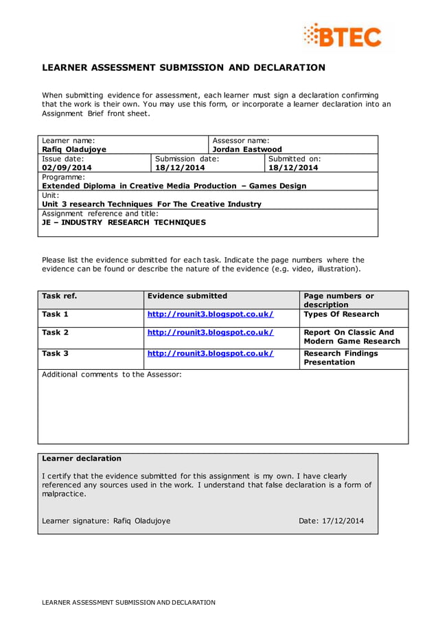 Learner assessment submission declaration | DOCX | Educational Assessment | Education