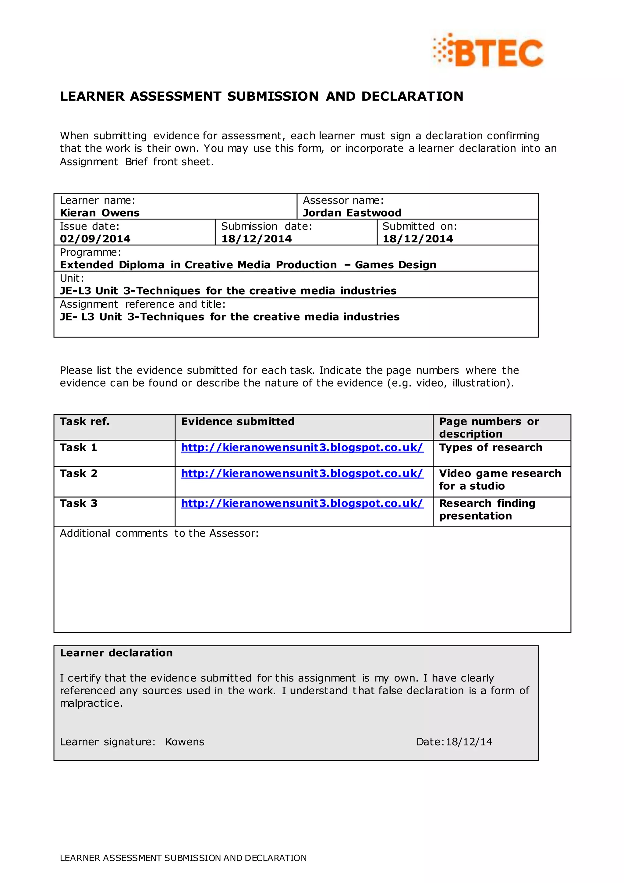 Learner assessment submission declaration | DOCX