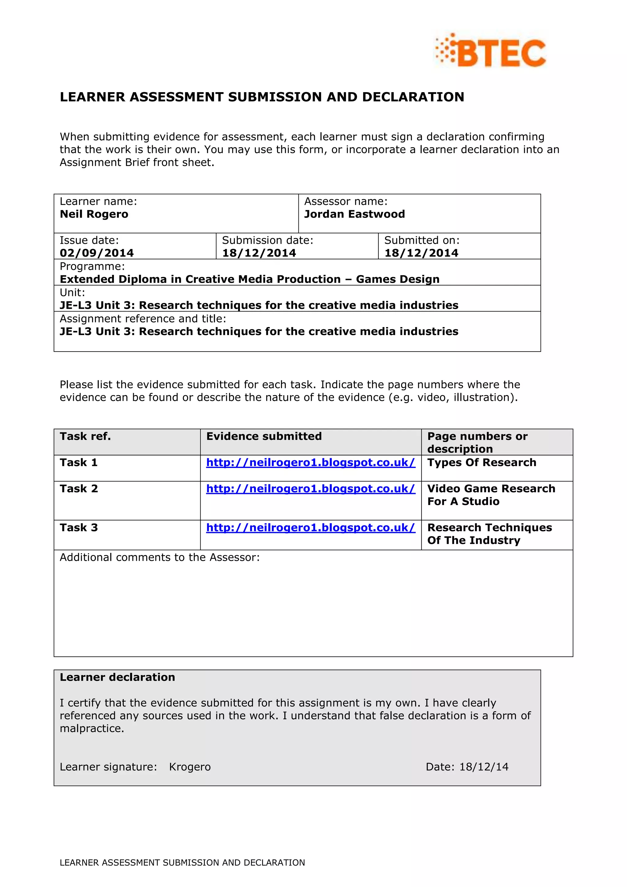 assessment submission declaration jordan eastwood | DOCX | Educational Assessment | Education