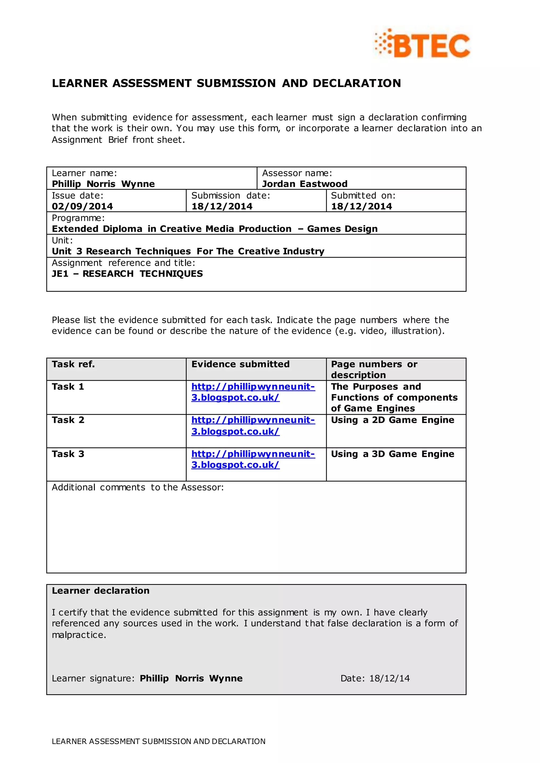 Learner assessment submission declaration jordan | DOCX | Education