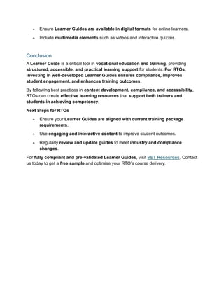 Learner Guide for RTOs: Structure, Benefits & Best Practices | PDF