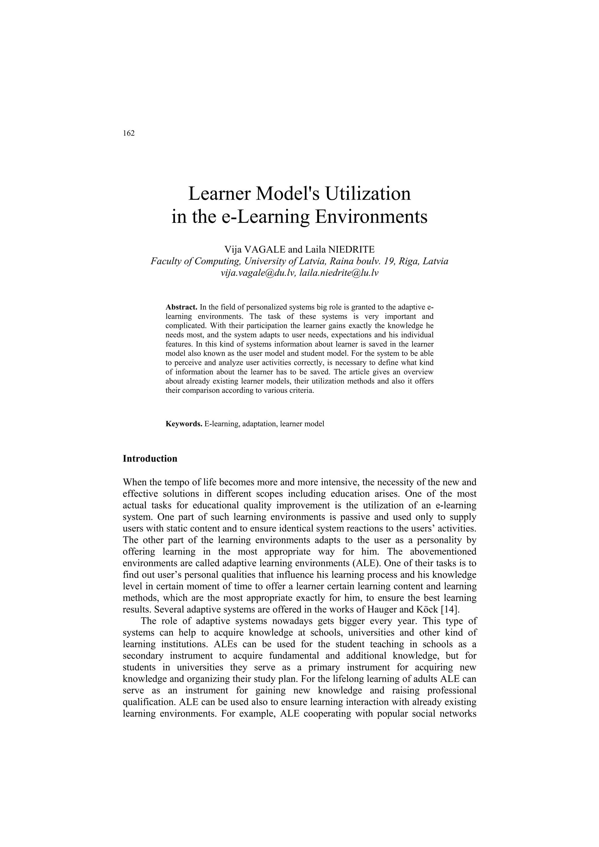 Learner Model's Utilization in the e-Learning Environments | PDF