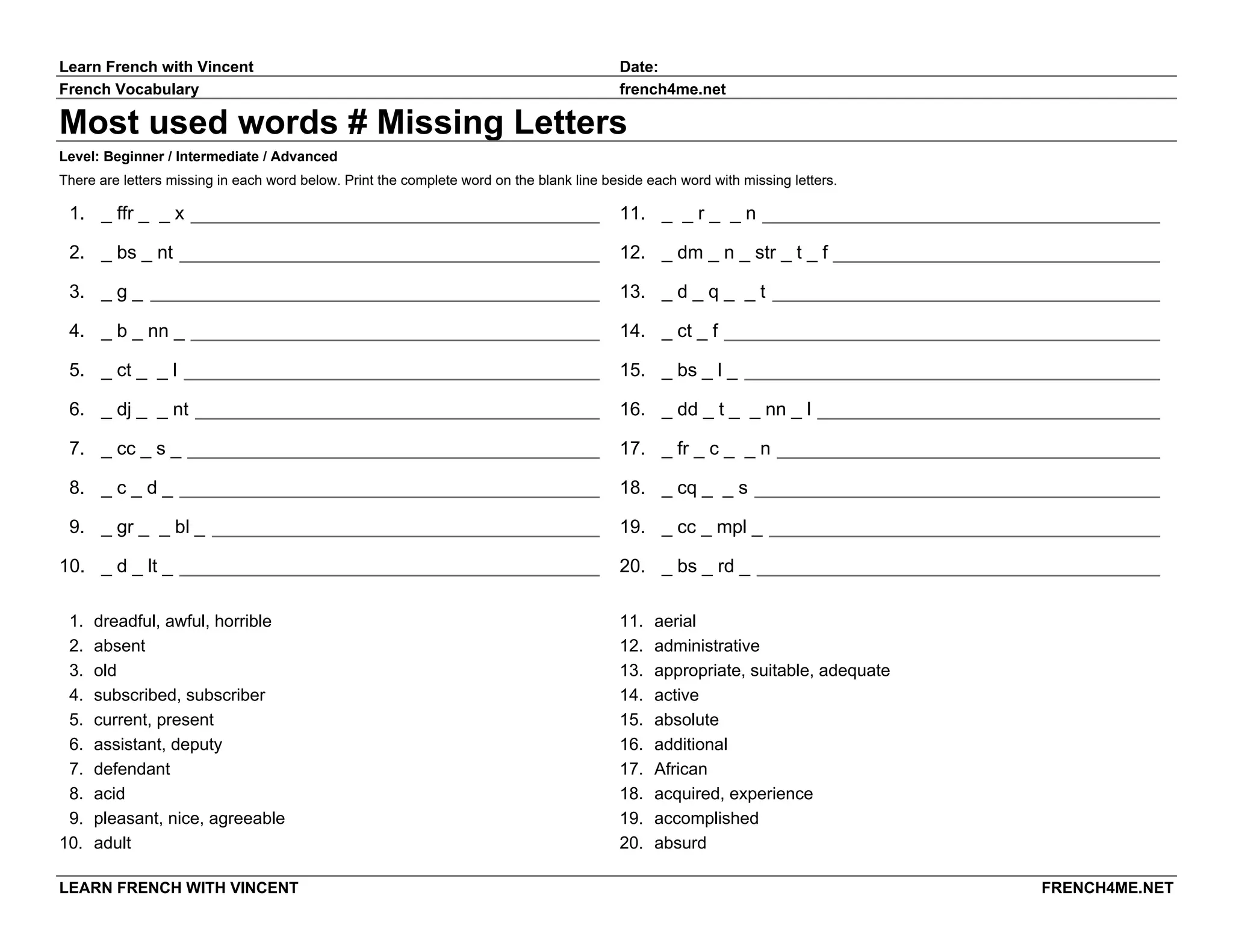 Learn french # exercises # missing letters # the most used words | PDF