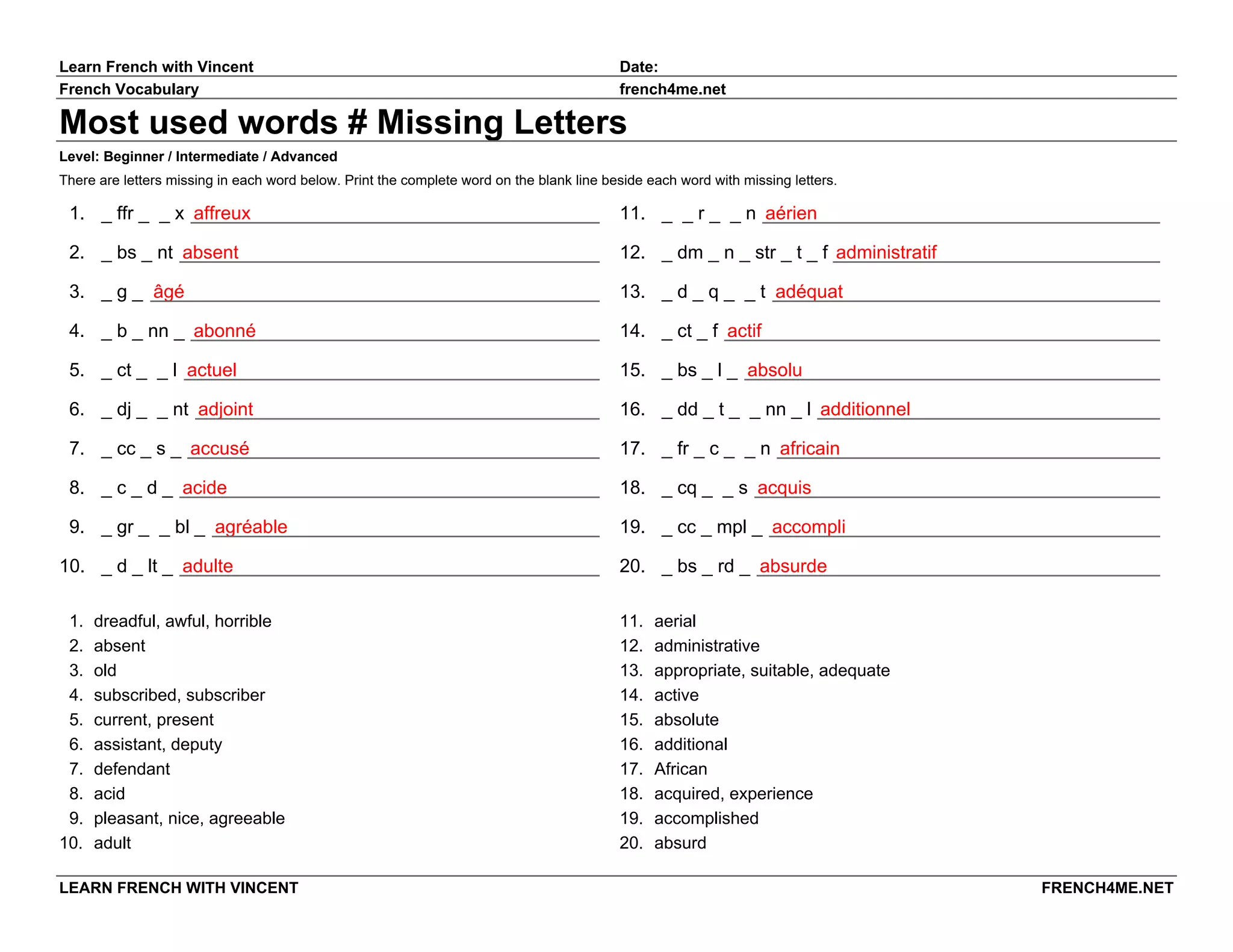 Learn french # exercises # missing letters # the most used words | PDF