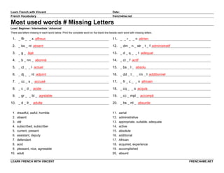 Learn french # exercises # missing letters # the most used words | PDF