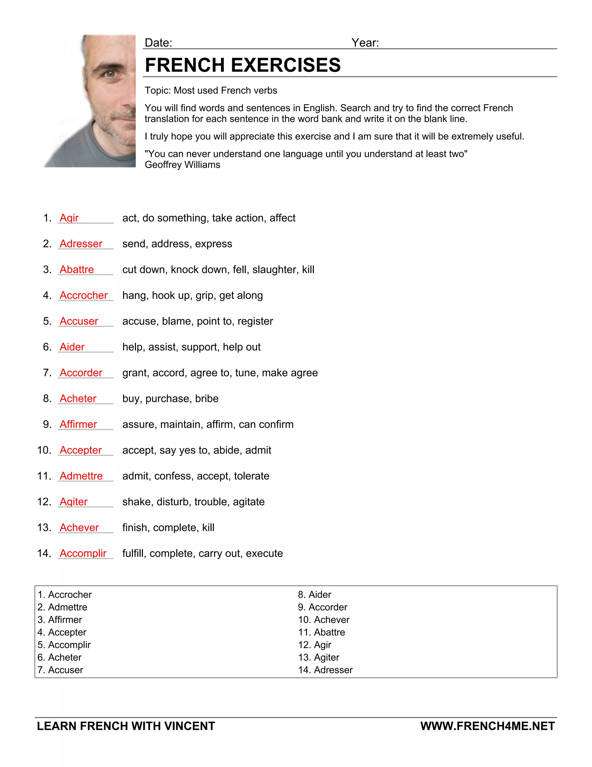 Learn french # exercises # the most used verbs in french language | PDF