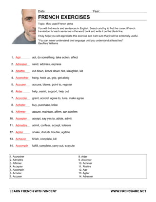 Learn french # exercises # the most used verbs in french language | PDF