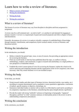 Learn how to write a review of literature. | DOC