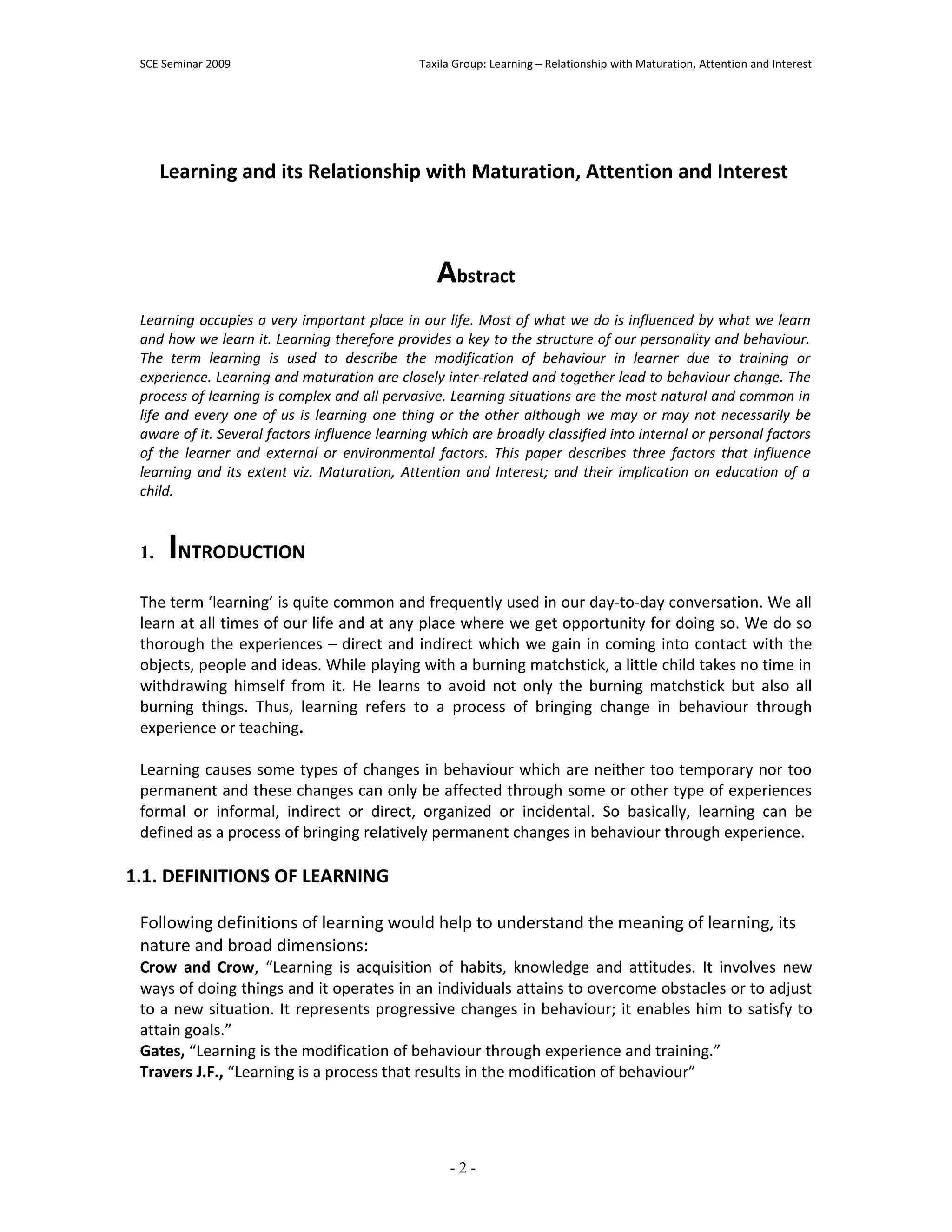 Learning and Its relationship with Maturation, Attention and Interest | DOC