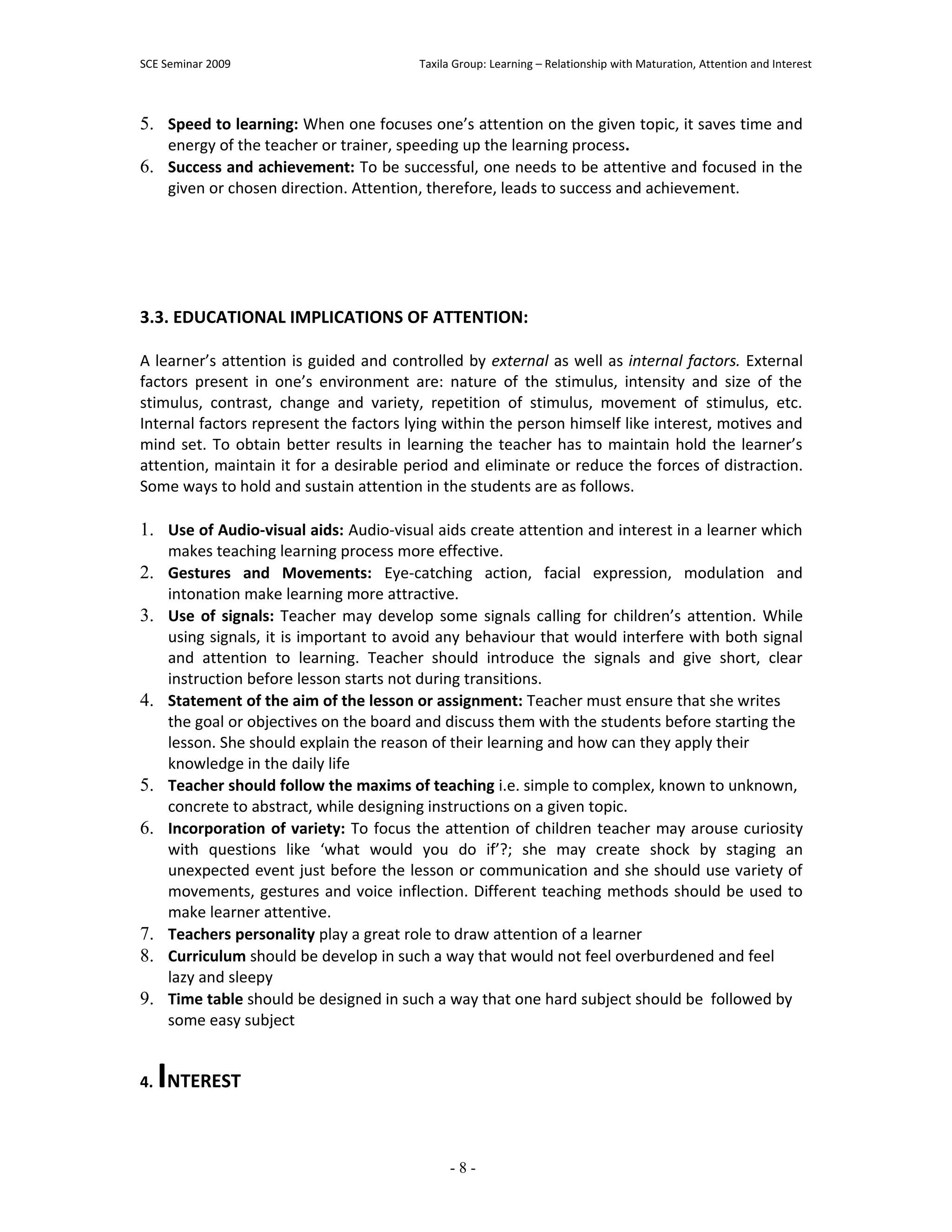 Learning and Its relationship with Maturation, Attention and Interest | DOC