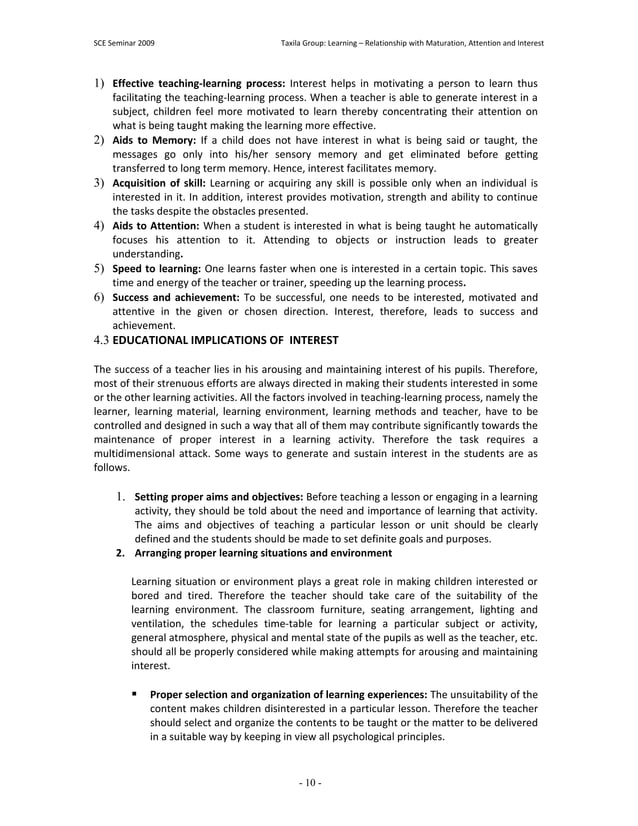 Learning and Its relationship with Maturation, Attention and Interest | DOC