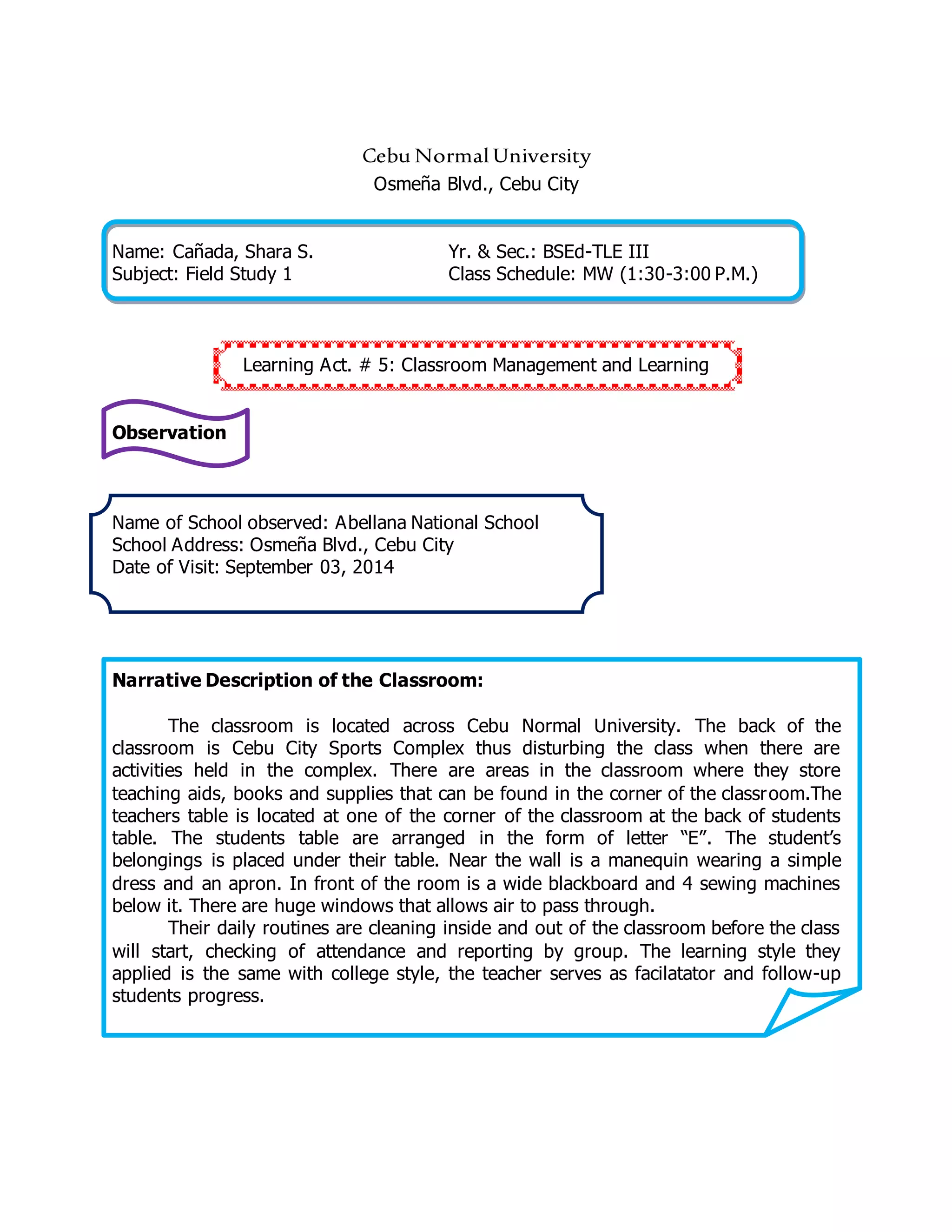 Learning act# 5 classroom management and learning | PDF