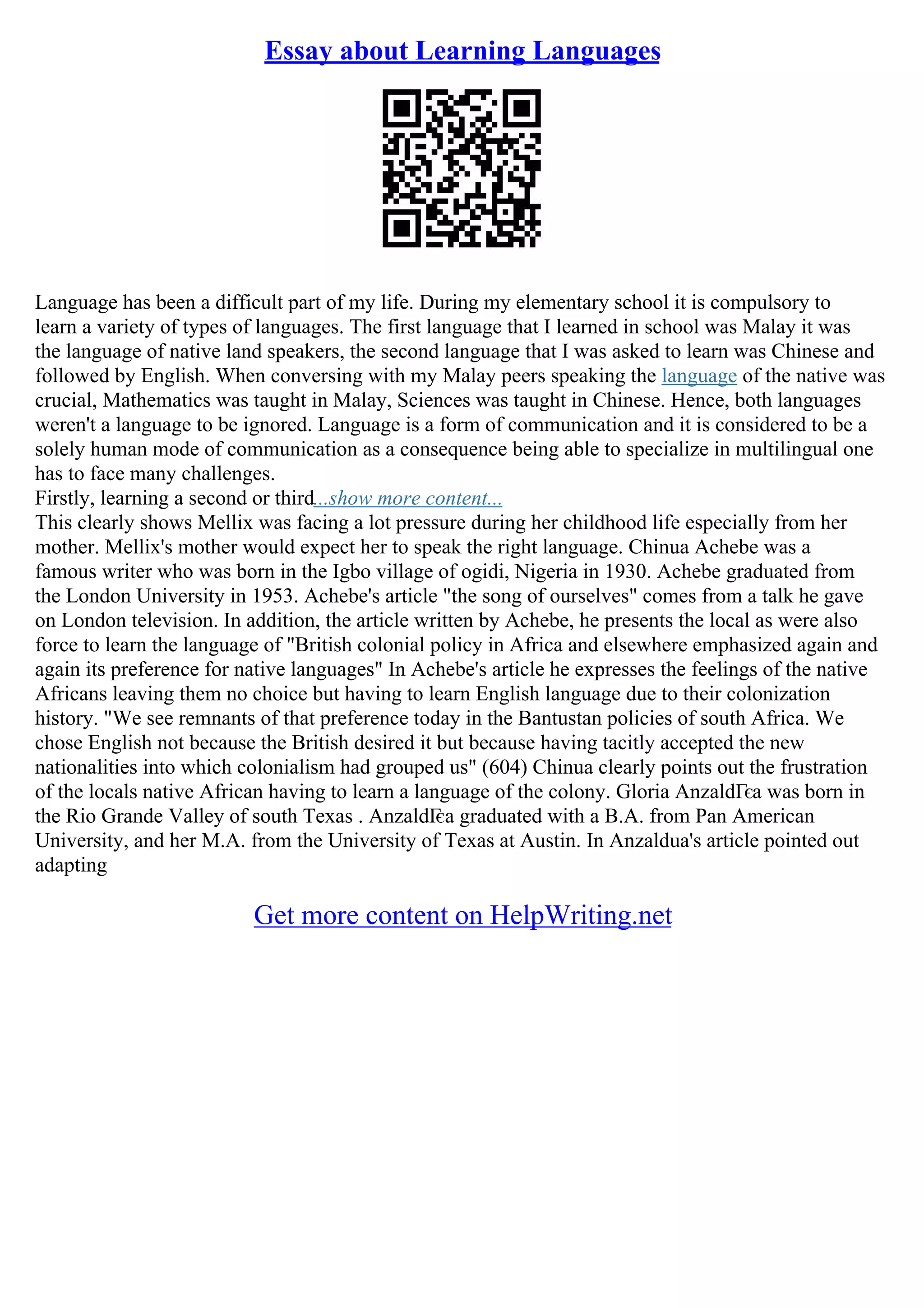 Learning A New Language Essay | PDF