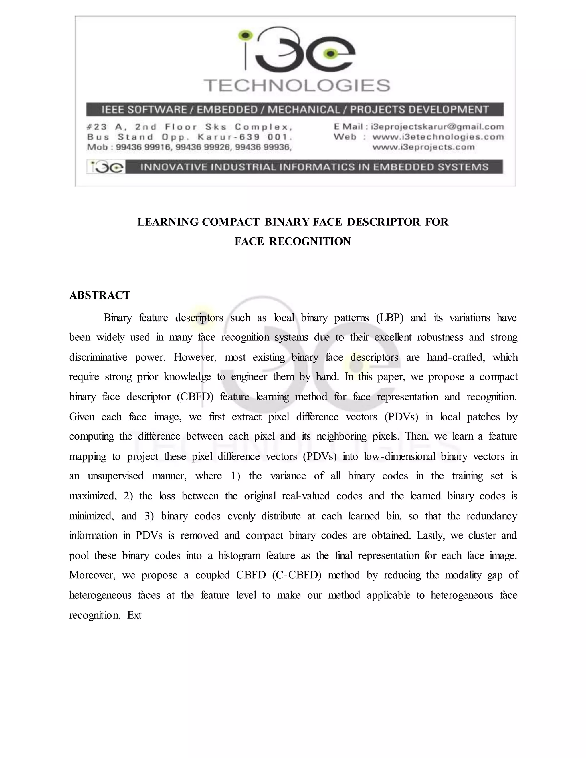 LEARNING COMPACT BINARY FACE DESCRIPTOR FOR FACE RECOGNITION | PDF