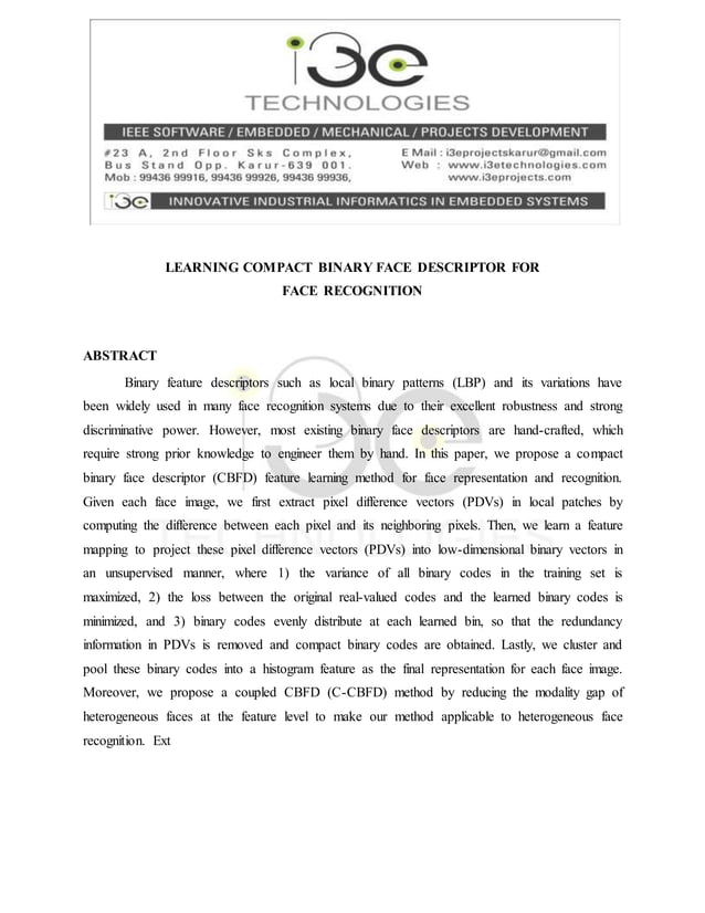 LEARNING COMPACT BINARY FACE DESCRIPTOR FOR FACE RECOGNITION | PDF