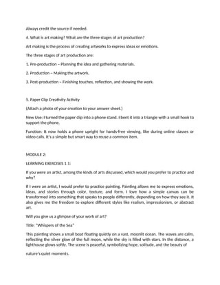 Answer for Learning Exercices in Art appreciation from module 1 to 5.docx