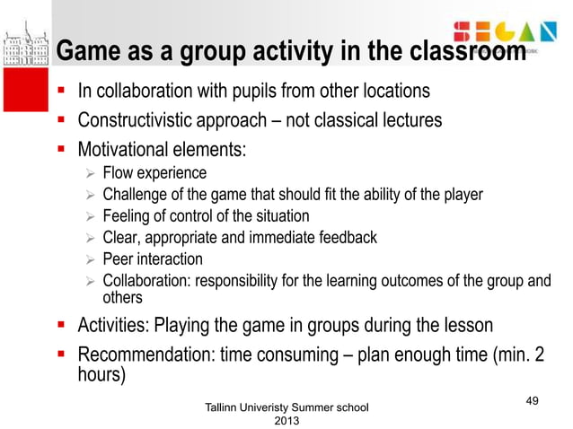 Learning goals in games - Tallinn University & SEGAN summer school | PPT