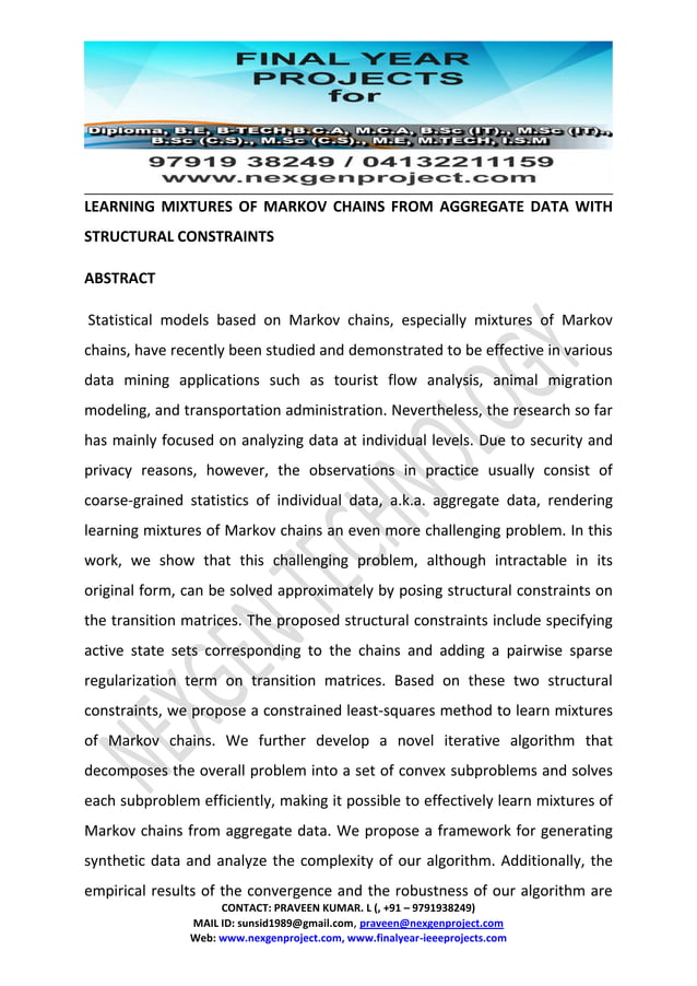 LEARNING MIXTURES OF MARKOV CHAINS FROM AGGREGATE DATA WITH STRUCTURAL CONSTRAINTS | PDF