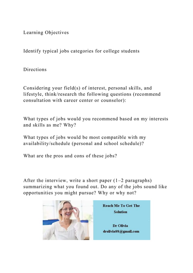 Learning ObjectivesIdentify typical jobs categories for colleg.docx