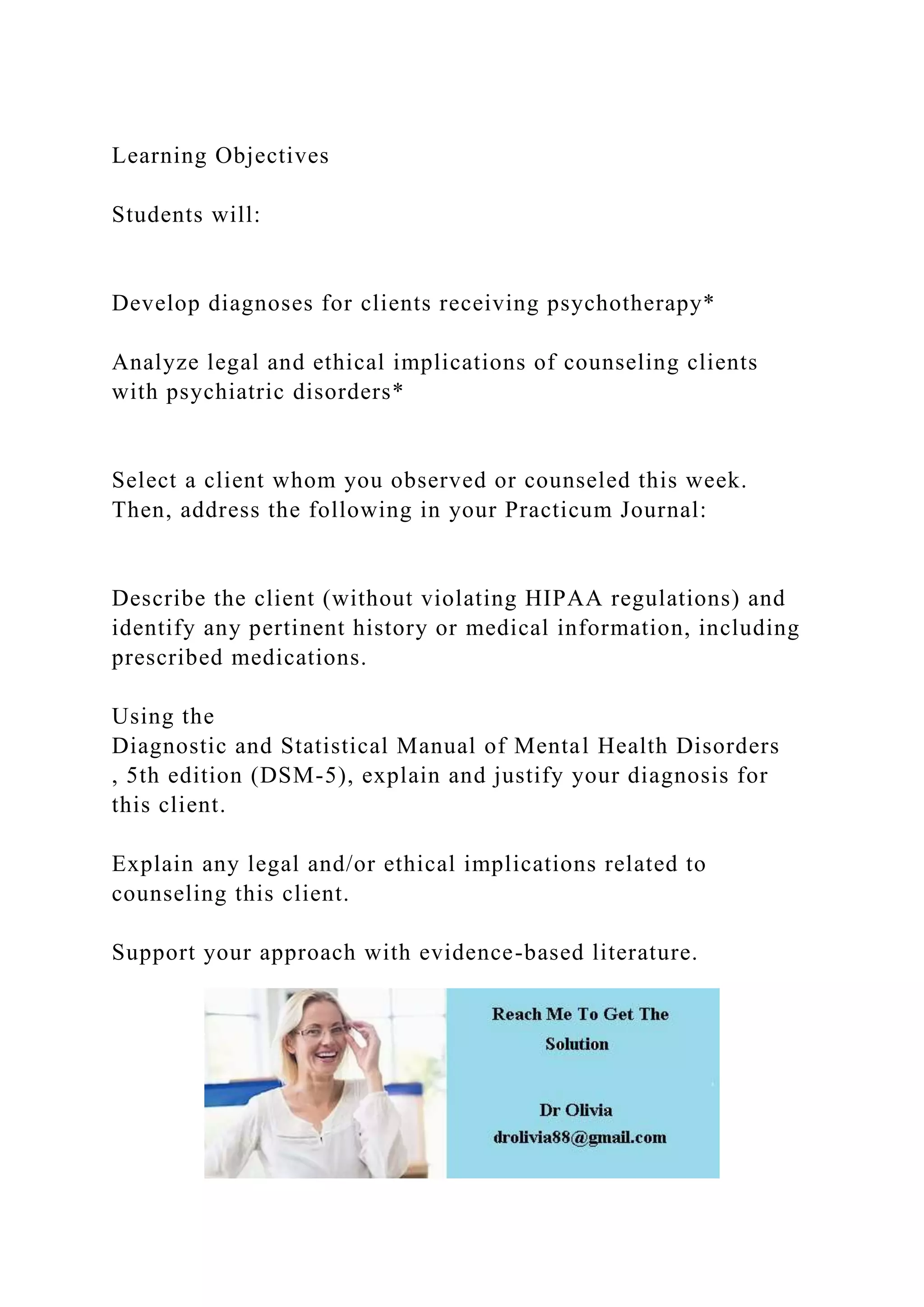 Learning ObjectivesStudents willDevelop diagnoses for cli.docx