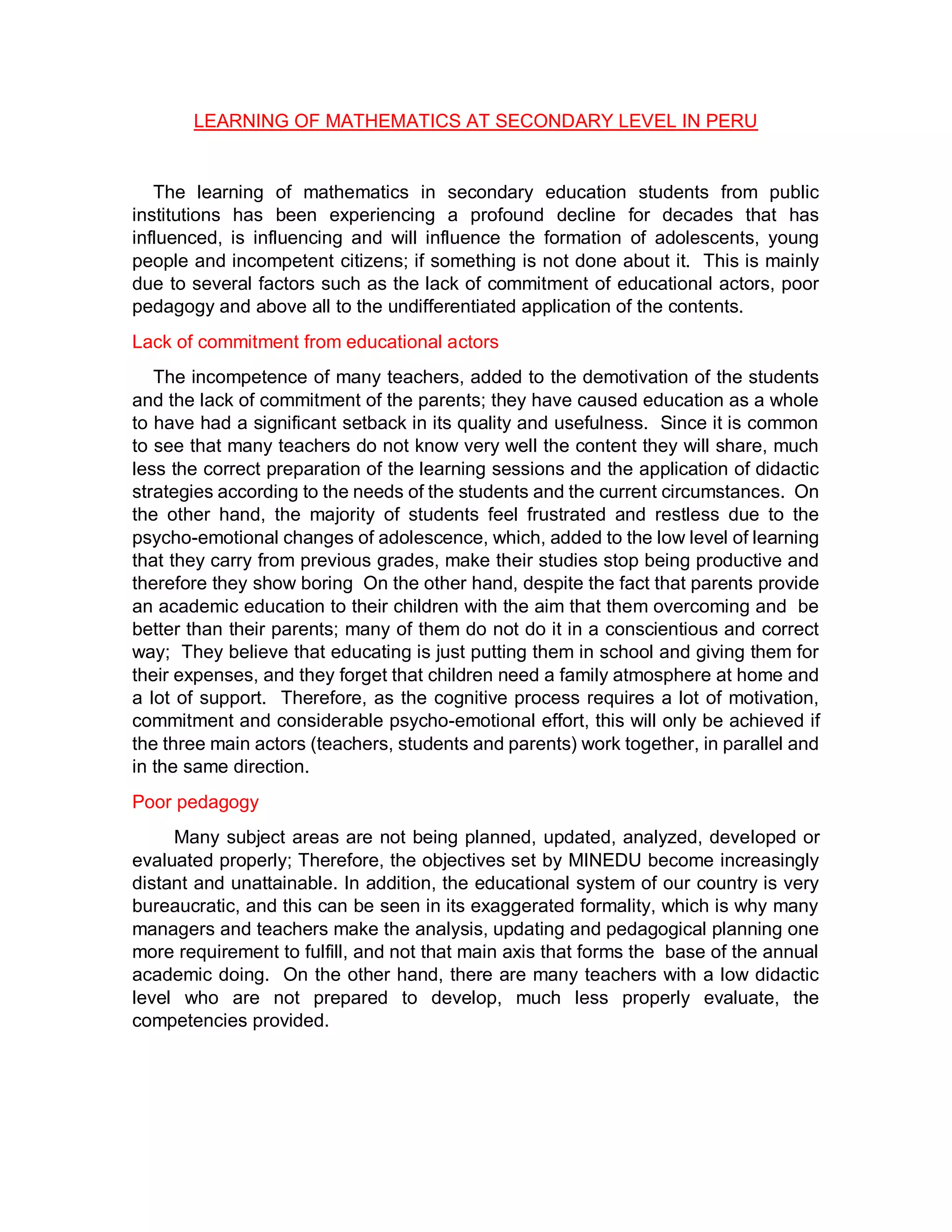 LEARNING OF MATHEMATICS AT SECONDARY LEVEL IN PERU (Easy from ...