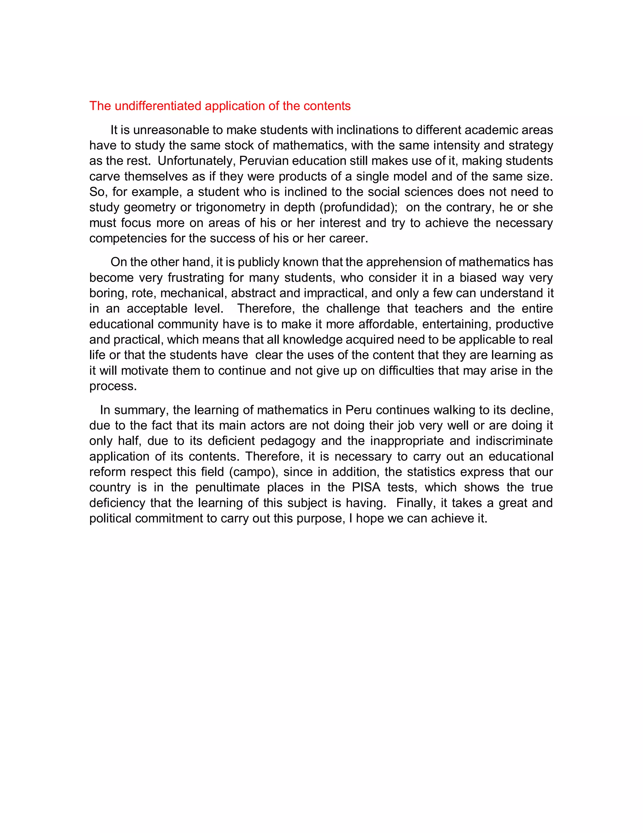 LEARNING OF MATHEMATICS AT SECONDARY LEVEL IN PERU (Easy from ...