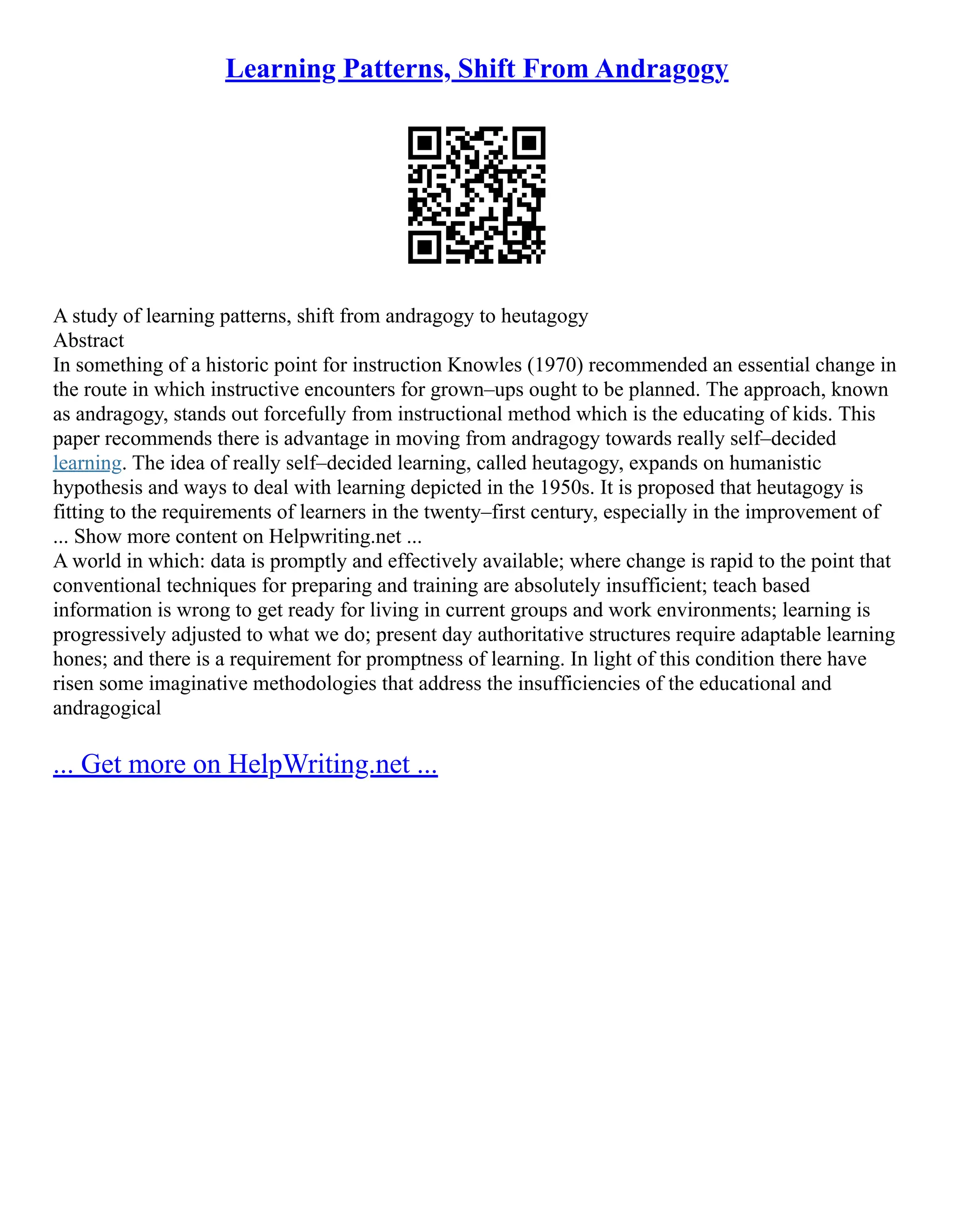 Learning Patterns, Shift From Andragogy | PDF