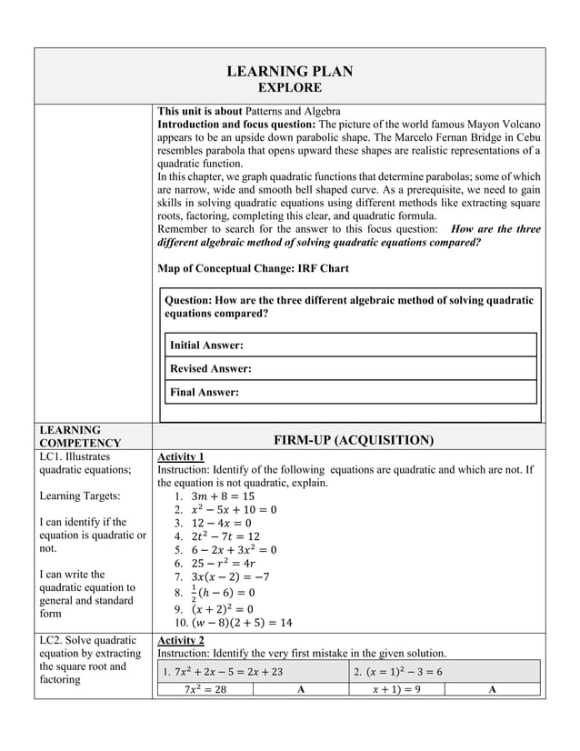 LEARNING PLAN IN MATH 9 Q1W1 | DOCX | Physics | Science