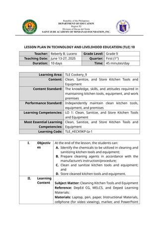 LEARNING PLAN Technology and Livelihood Education 9 WEEK 1 | DOCX