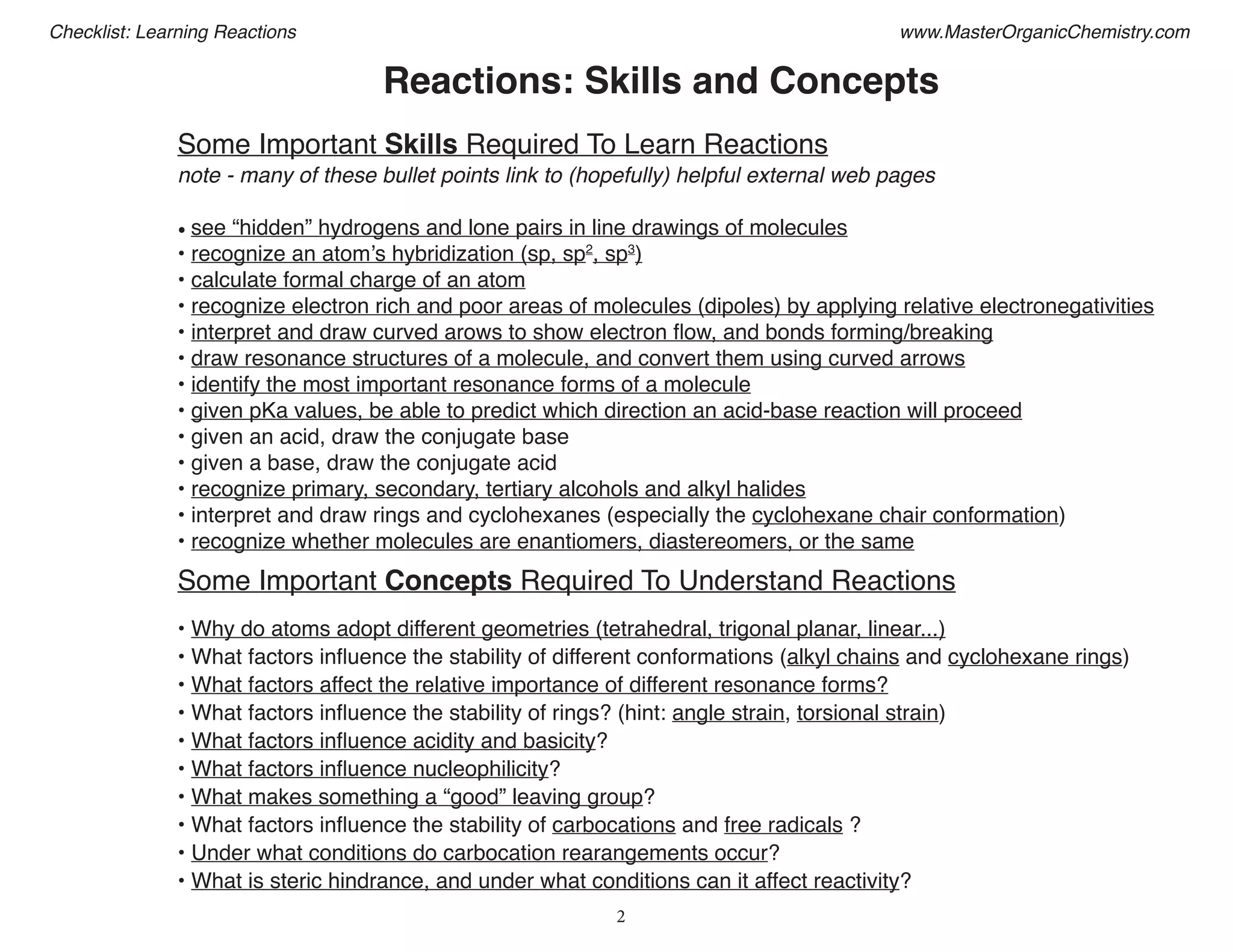 Organic Chemistry Reaction Learning Checklist | PDF