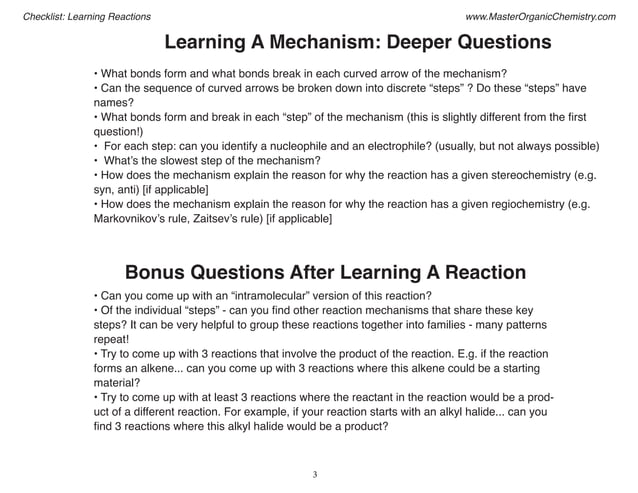 Organic Chemistry Reaction Learning Checklist | PPT