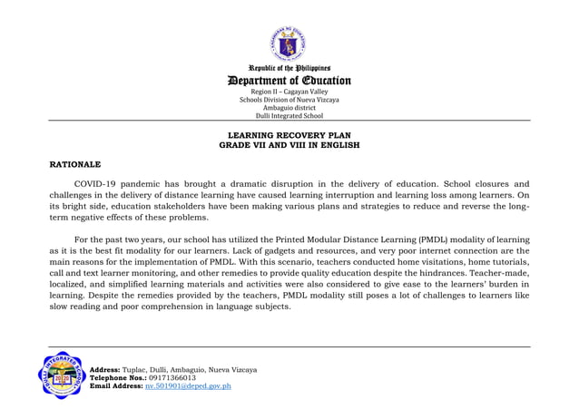 Learning Recovery Plan-Joan Kitong - Copy.pdf | Education industry ...