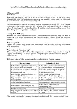 Learning reflection of Apparel Manufacturing 1 | PDF
