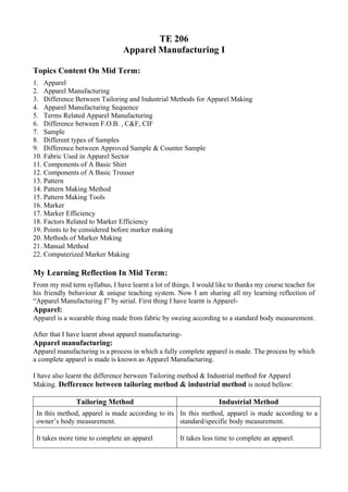 Learning Reflection of Apparel Manufacturing (Short) | PDF