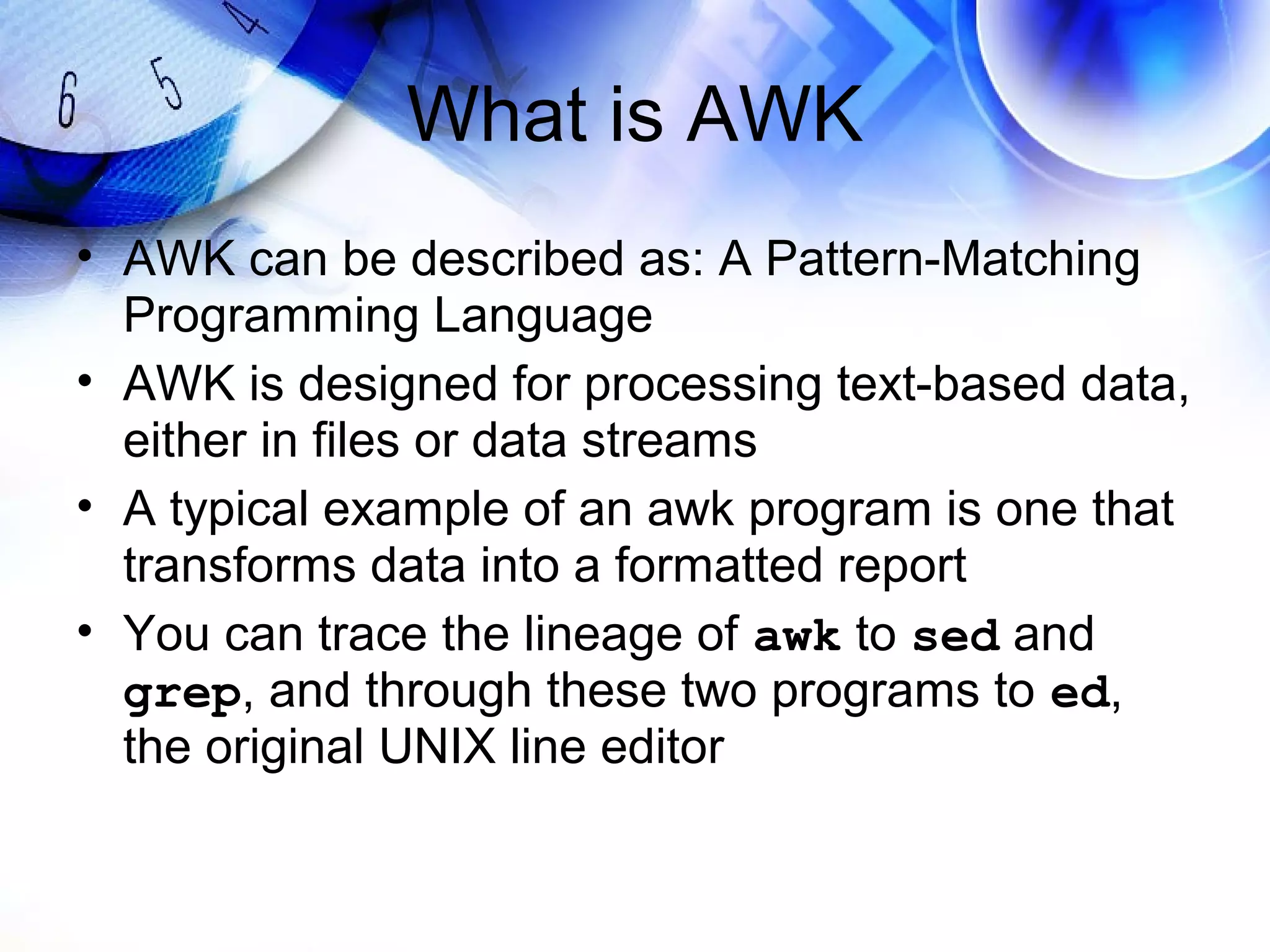 Learning sed and awk | PPT | Programming Languages | Computing