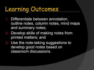 Learning Skills 3 Note Making And Note Taking Skills Slides | PPT