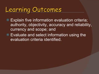Learning Skills 8 Evaluating Information Slides | PPT