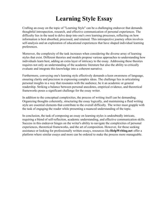 Learning Style Essay. Understanding of Learning Styles Free Essay ...