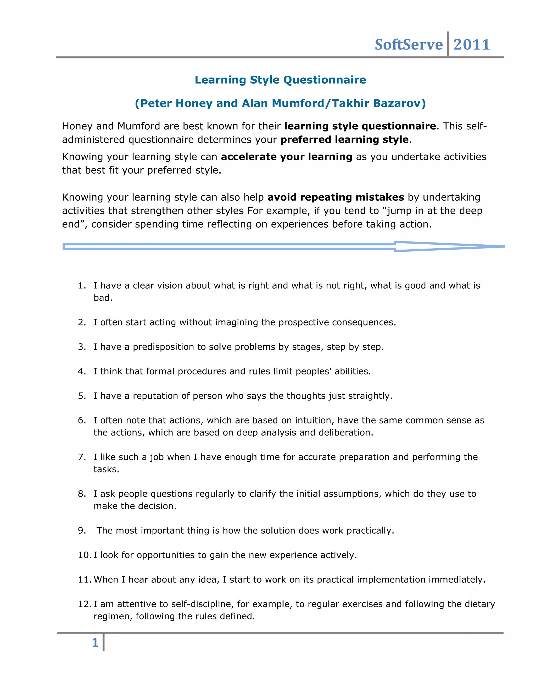 Learning style questionnaire | PDF