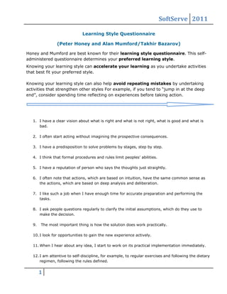 Learning style questionnaire | PDF