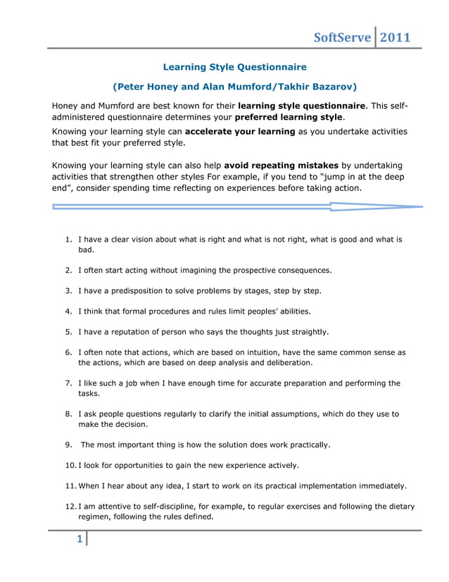Learning style questionnaire | PDF