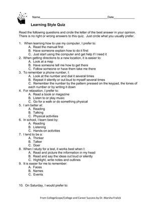 Learning Style Quiz | PDF
