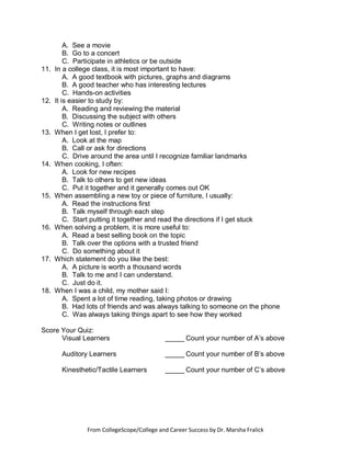 Different Learning Styles Quiz