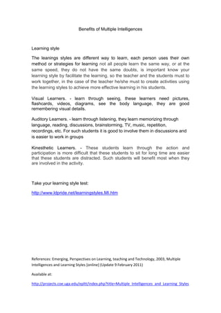 Learning styles and the seven intelligences | PDF