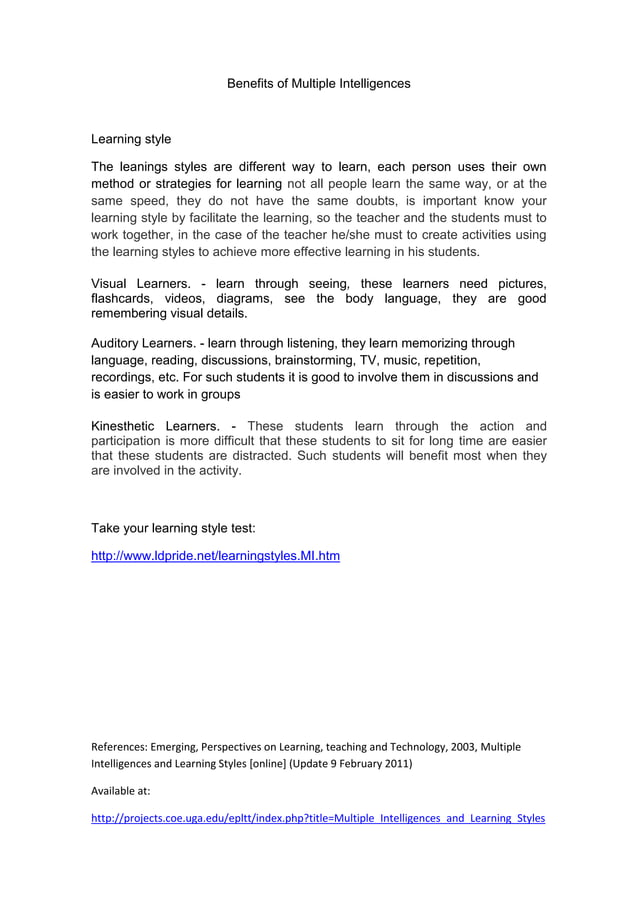 Learning styles and the seven intelligences | PDF