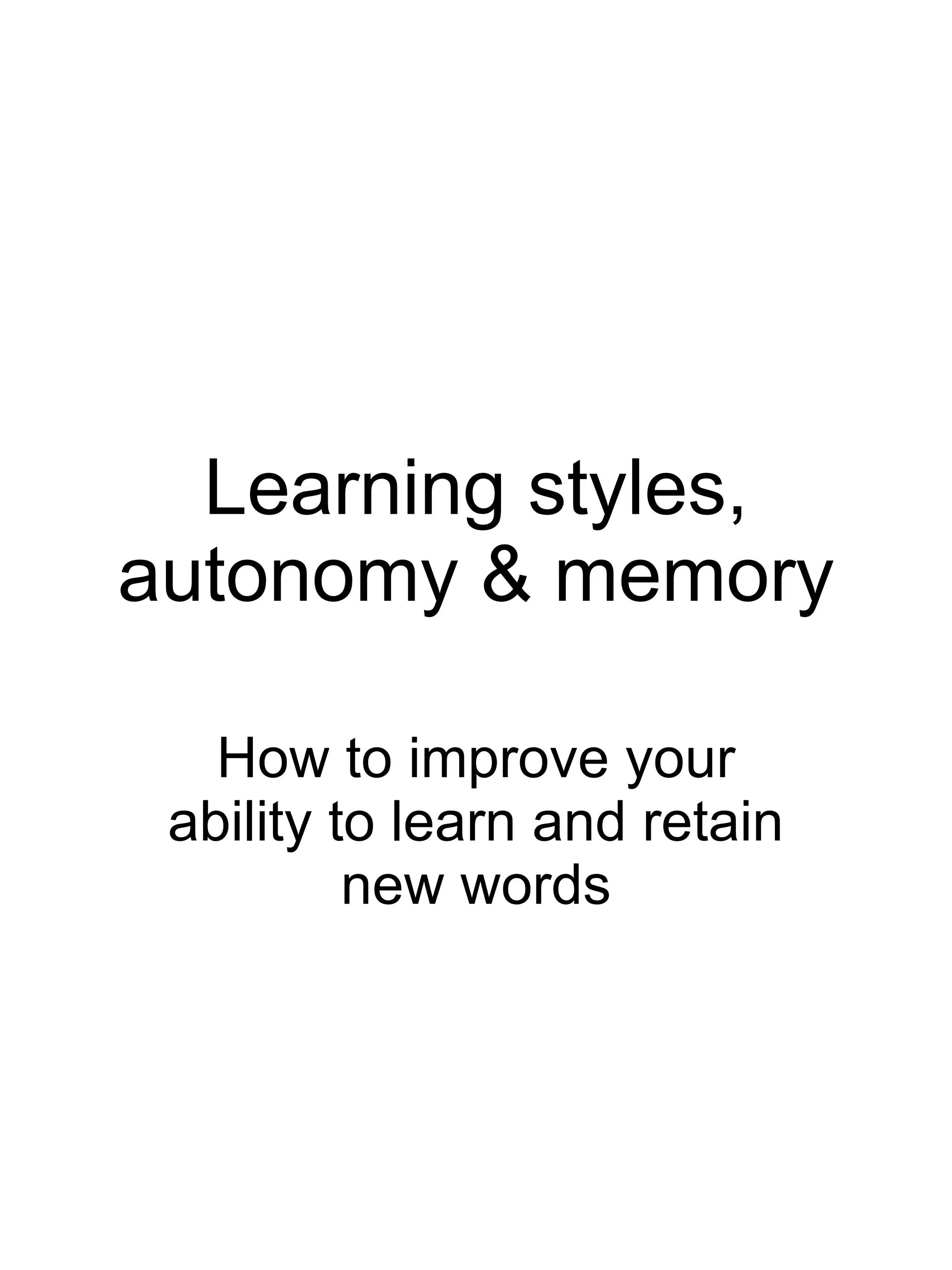 Learning Styles, Autonomy & Memory Booklet For Parents & Pupils | PPT ...