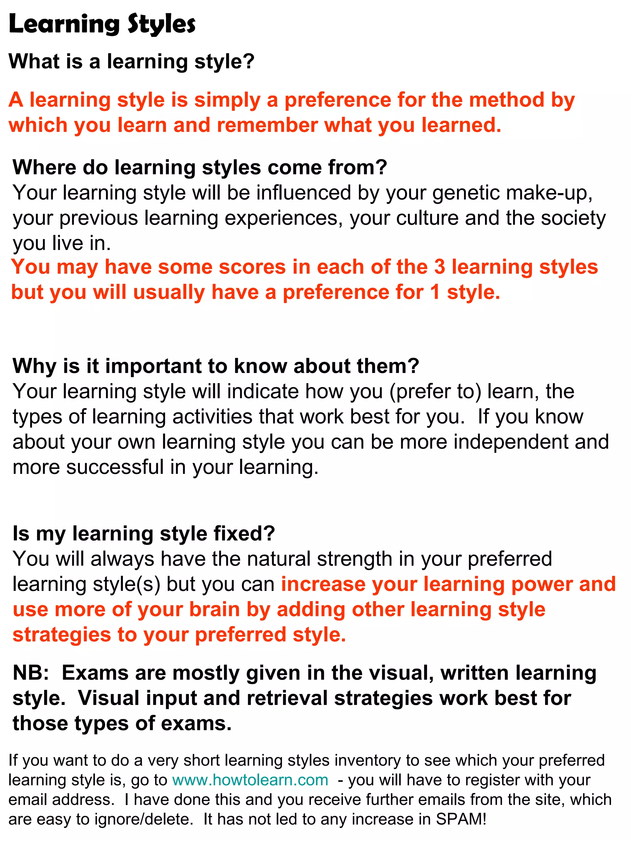 Learning Styles, Autonomy & Memory Booklet For Parents & Pupils | PPT ...